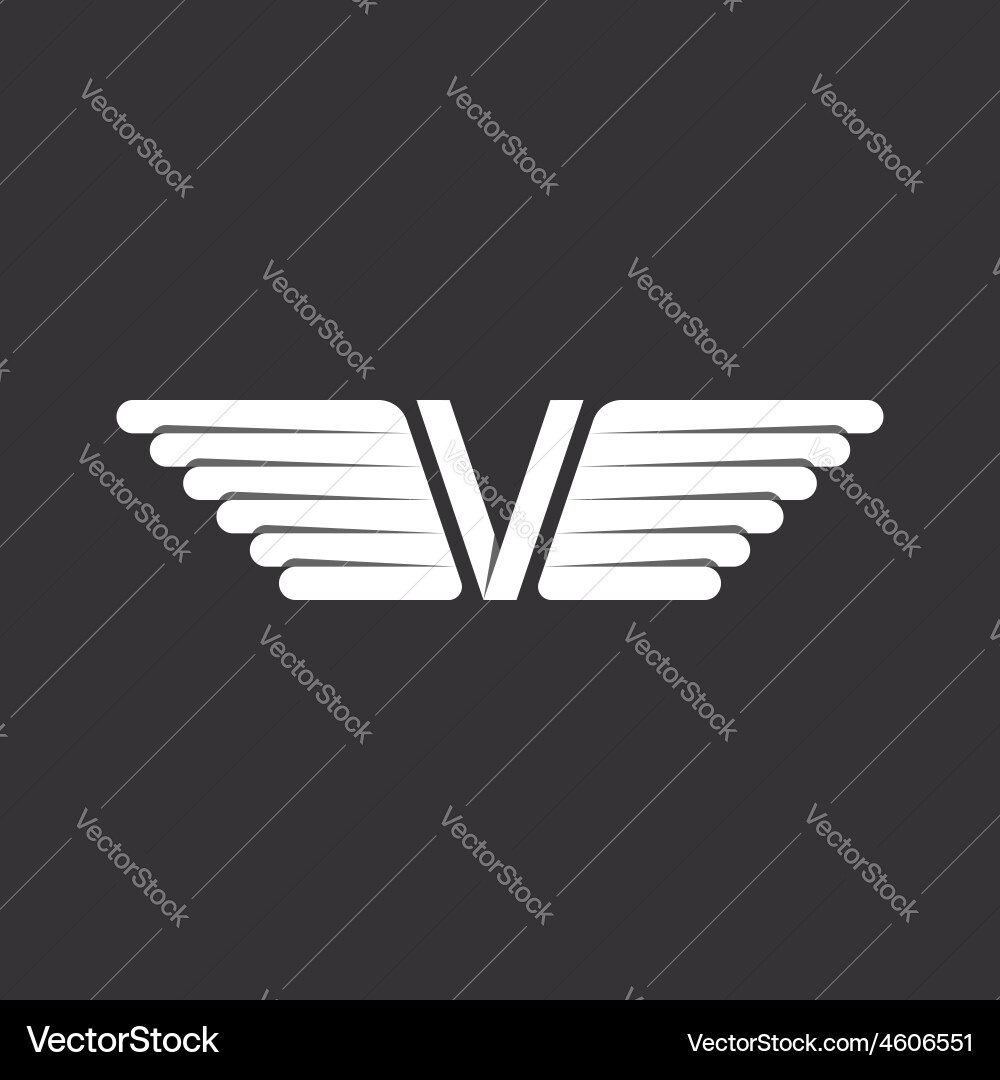 V - letter with wings black and white background Vector Image