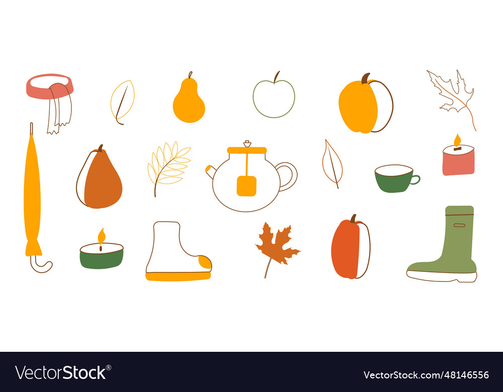 Autumn pumpkin mushroom leaves set elements line Vector Image