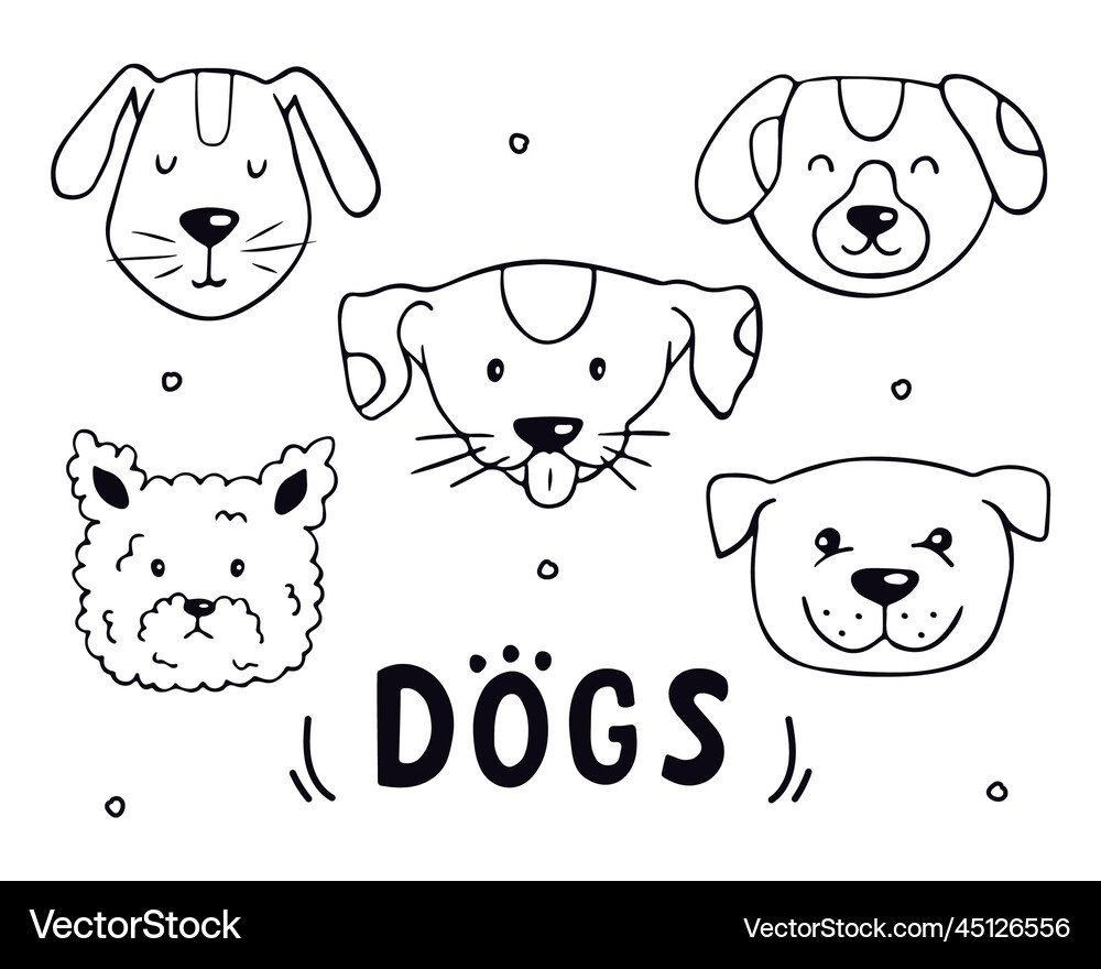 Cute dog faces in doodle style Royalty Free Vector Image