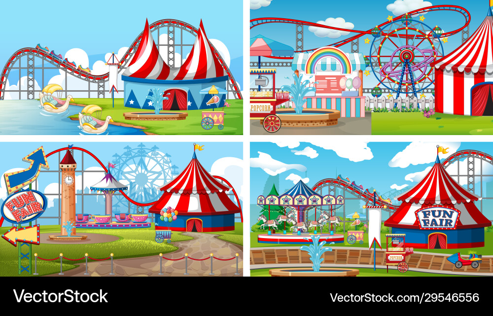 Four scenes with many rides in fun fair Royalty Free Vector