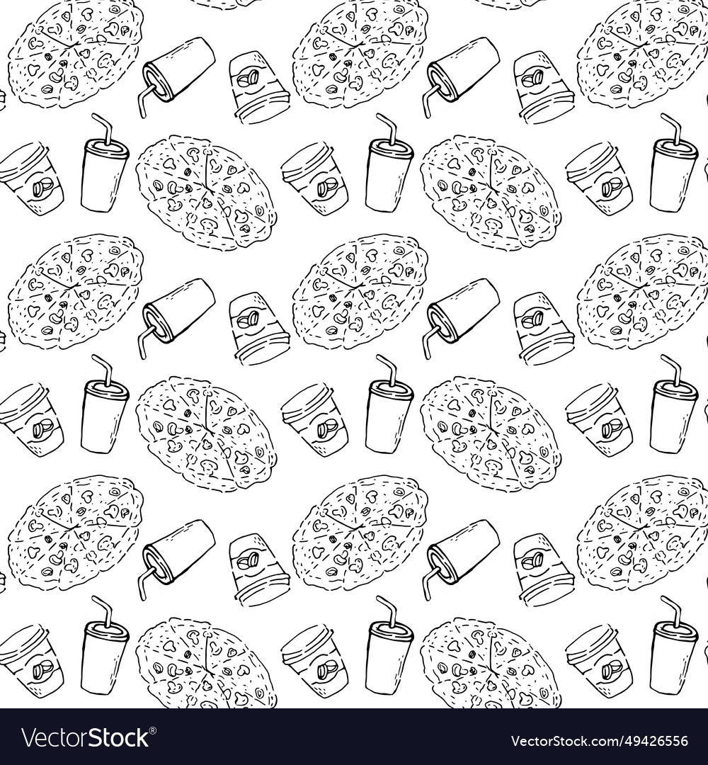 Pizza and drinks seamless pattern outline Vector Image