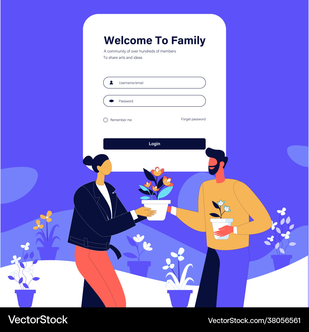 Couple plant gifting login page design Royalty Free Vector