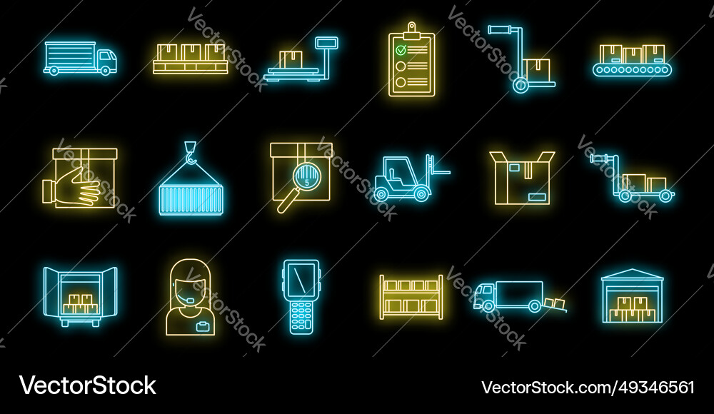 Warehouse building icons set neon Royalty Free Vector Image