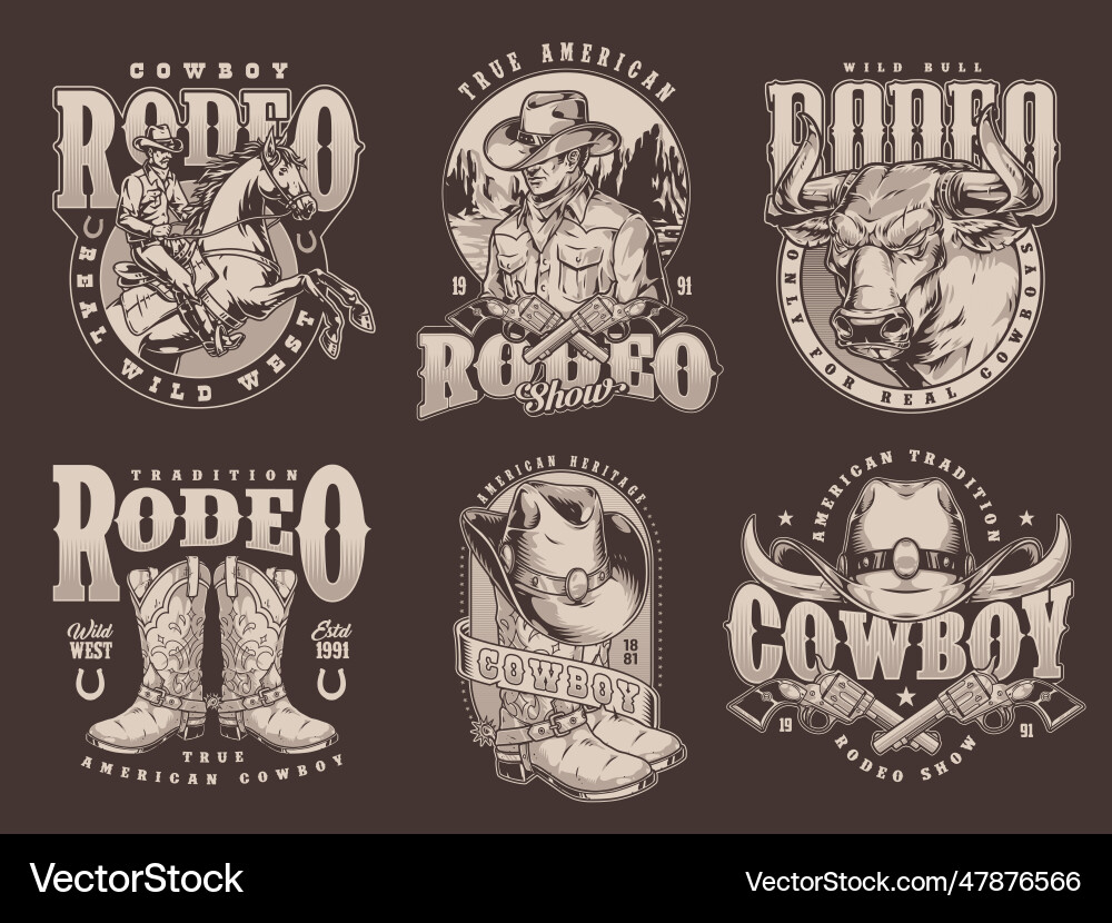Cowboy rodeo monochrome set stickers Royalty Free Vector