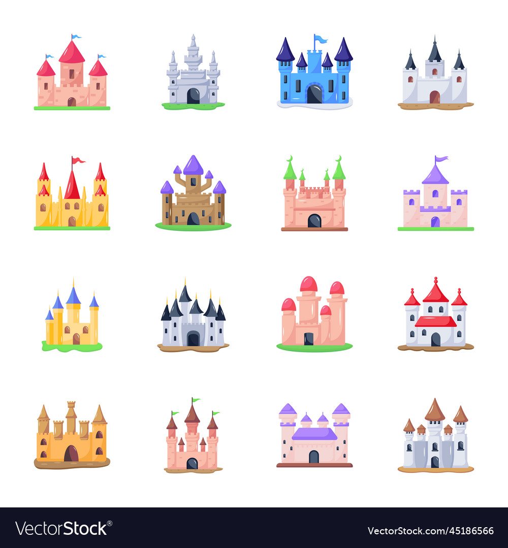 Pack of castle buildings flat icons Royalty Free Vector Pack of castle buildings flat icons Royalty Free Vector