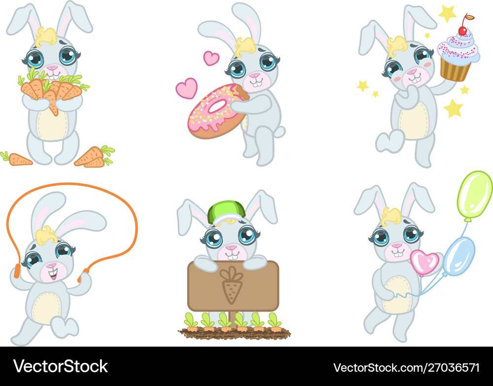 Cute adorable bunny cartoon character set Vector Image