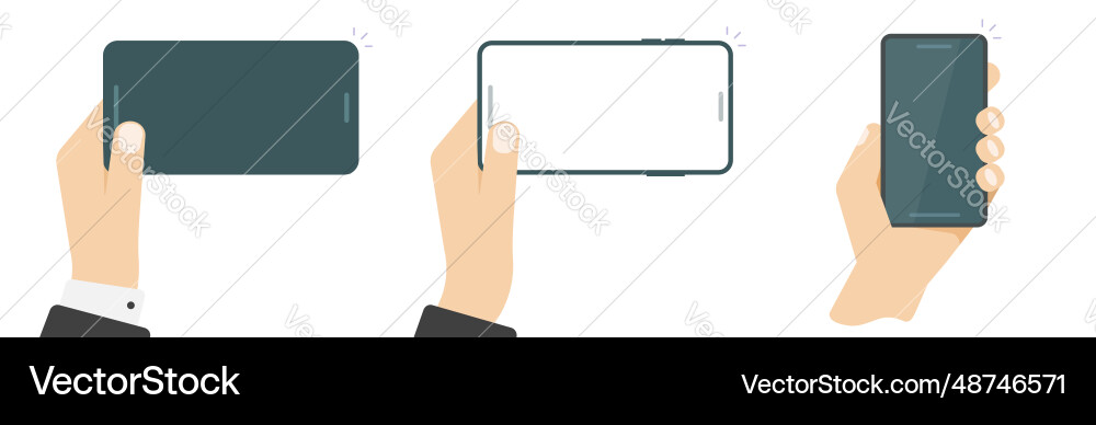 Hand holding cell phone mockup graphic icon set Vector Image