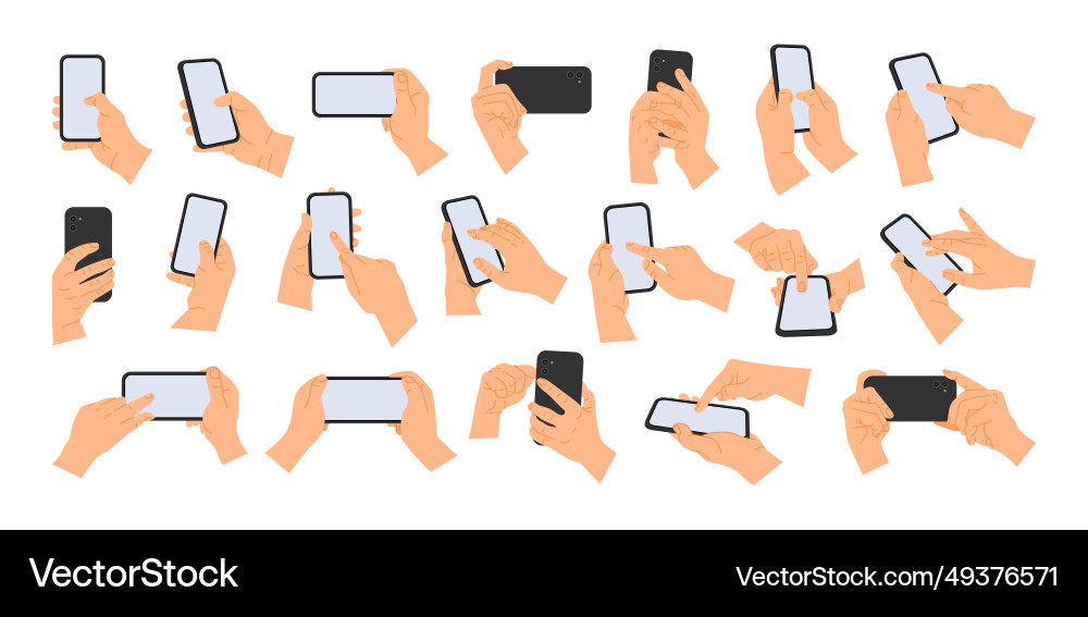 Hands hold phone cartoon hand holding cellphone Vector Image