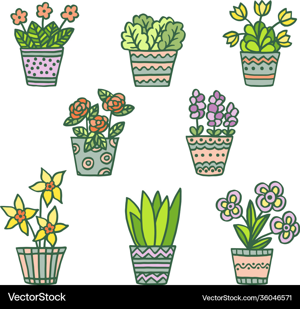 Set with hand-drawn colorful painted pots with Vector Image
