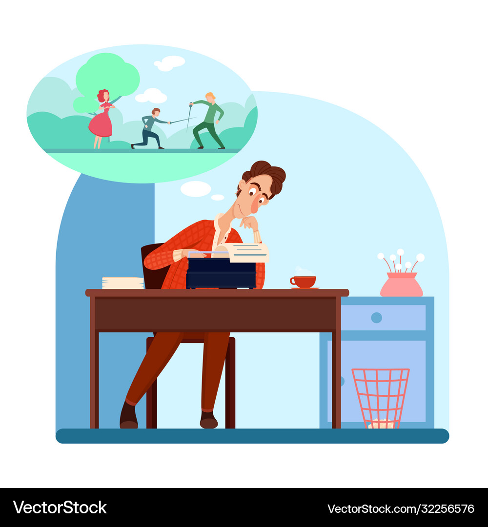 Writer man creating and typing historical story Vector Image