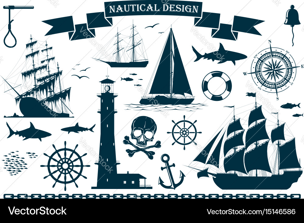 Set of sailing ships with nautical design elements
