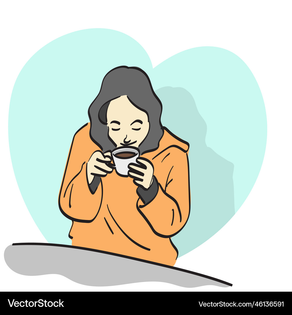 Line art woman drinking tea or coffee Royalty Free Vector