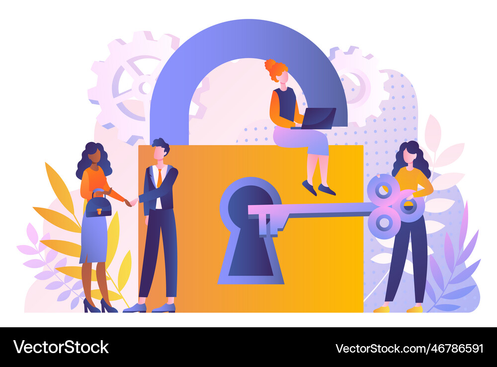 People with key near padlock Royalty Free Vector Image