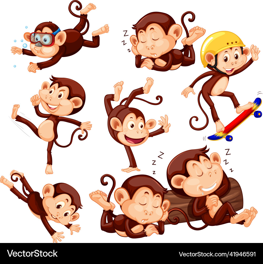 Set of different poses monkeys cartoon Royalty Free Vector