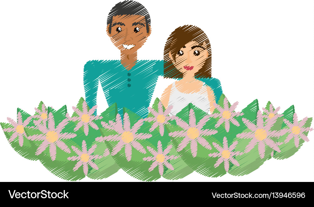 Drawing happy couple with decorative flowers Vector Image