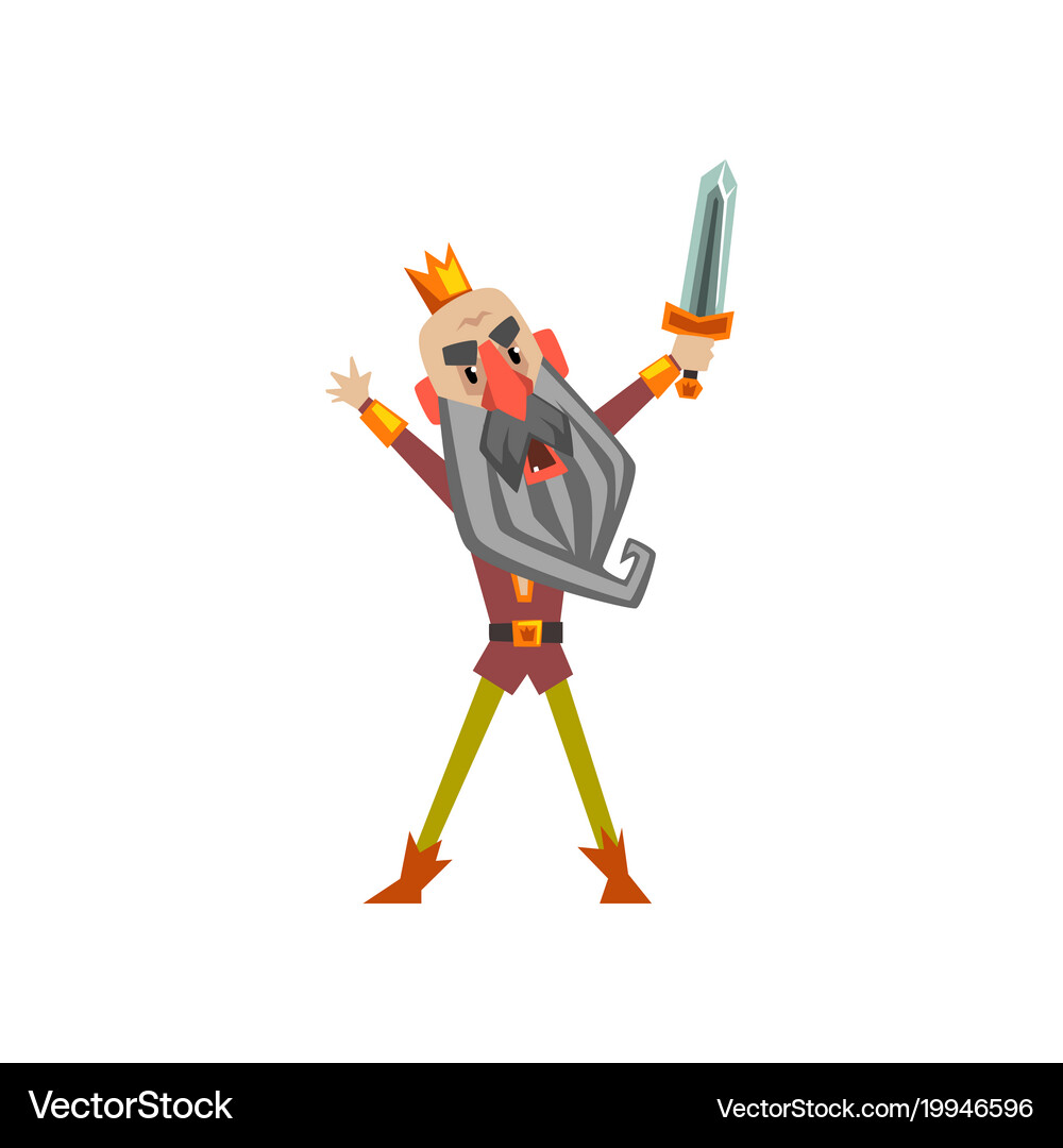 Funny warrior king character raising his sword up Vector Image
