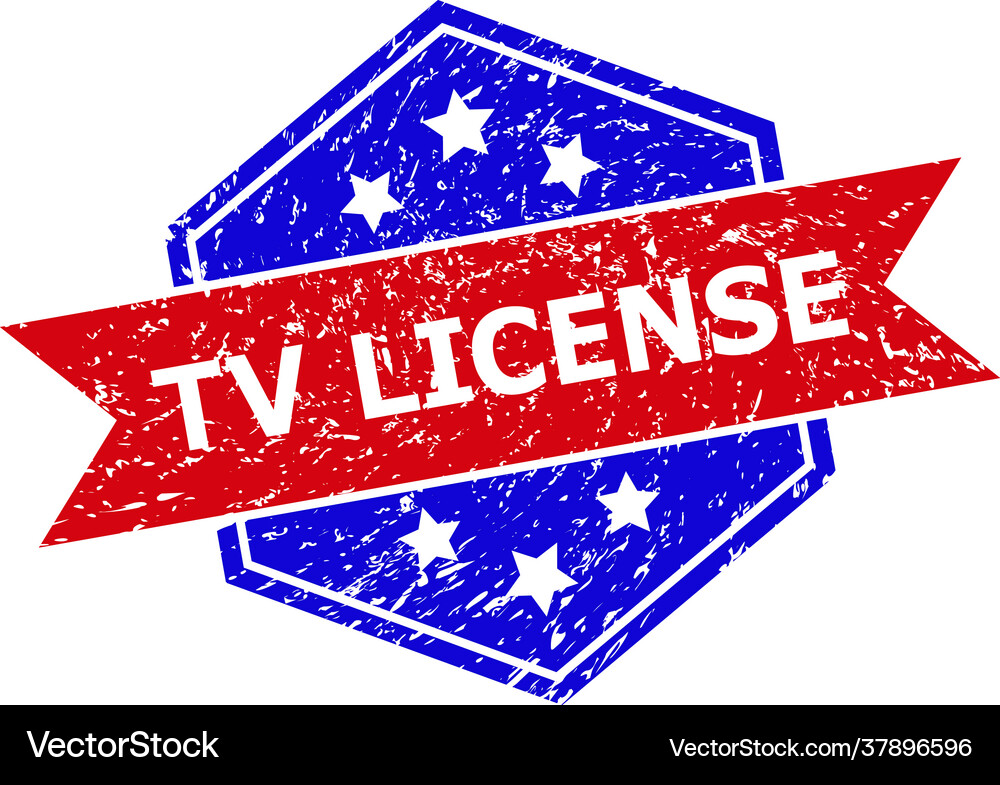 Hexagon bicolor tv license rubber stamp Royalty Free Vector