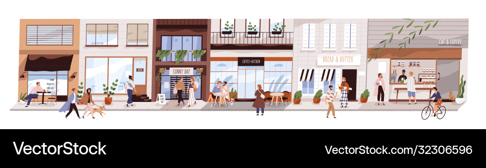 Small urban street with cafes and shops Royalty Free Vector