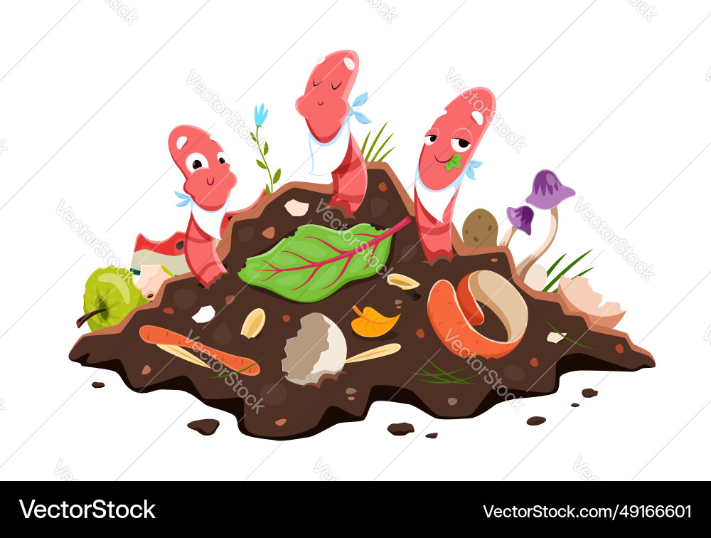 Cartoon earth worm characters eating compost soil Vector Image