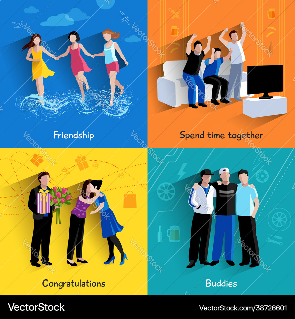 Friends buddies 4 flat icons square Royalty Free Vector