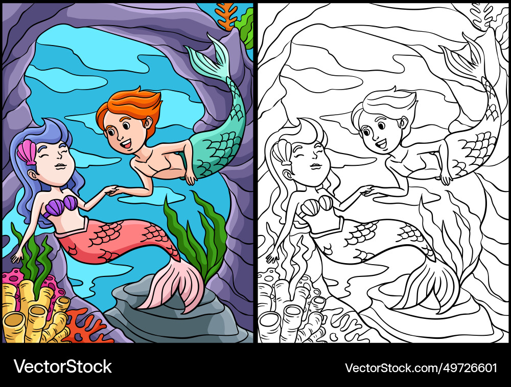 Mermaid and a merman coloring page Royalty Free Vector Image