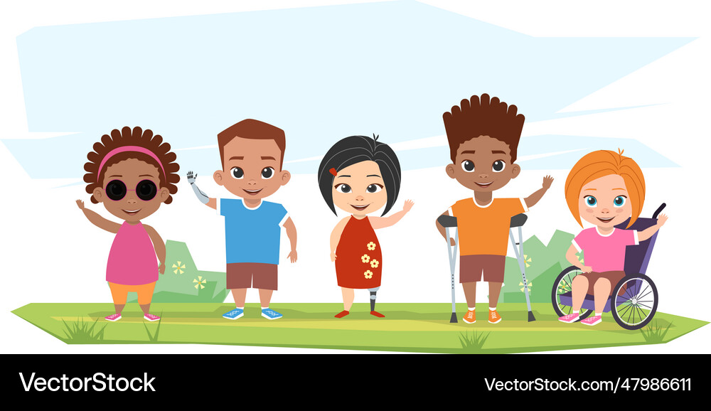 Children of different disabilities pose greet Vector Image