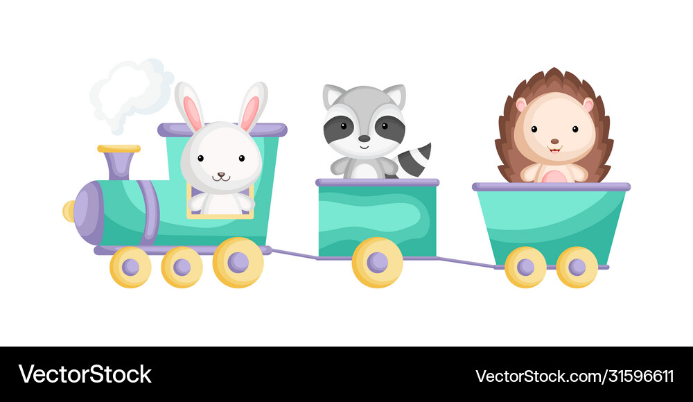 Raccoon rabbit and hedgehog ride on train Vector Image