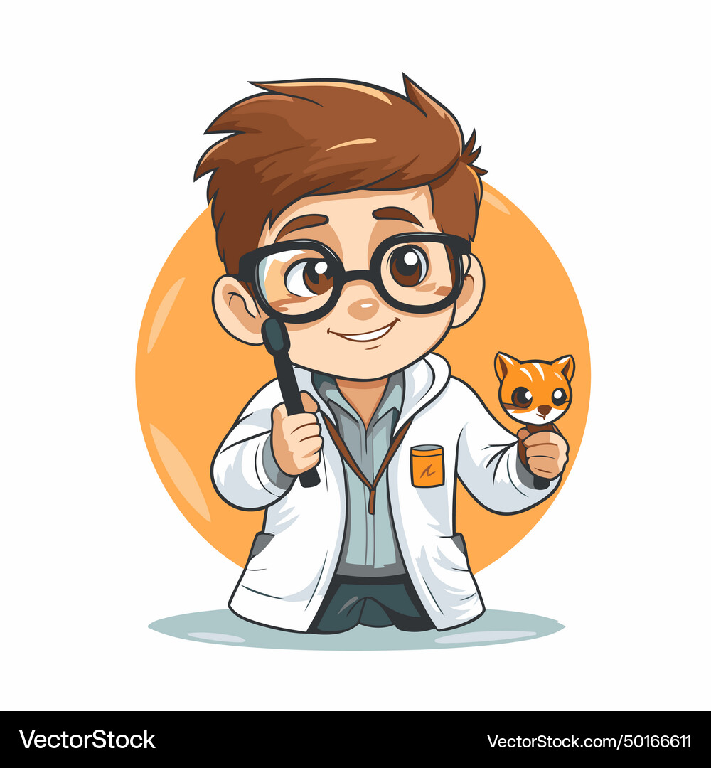 Scientist holding a magnifying glass and cat Vector Image