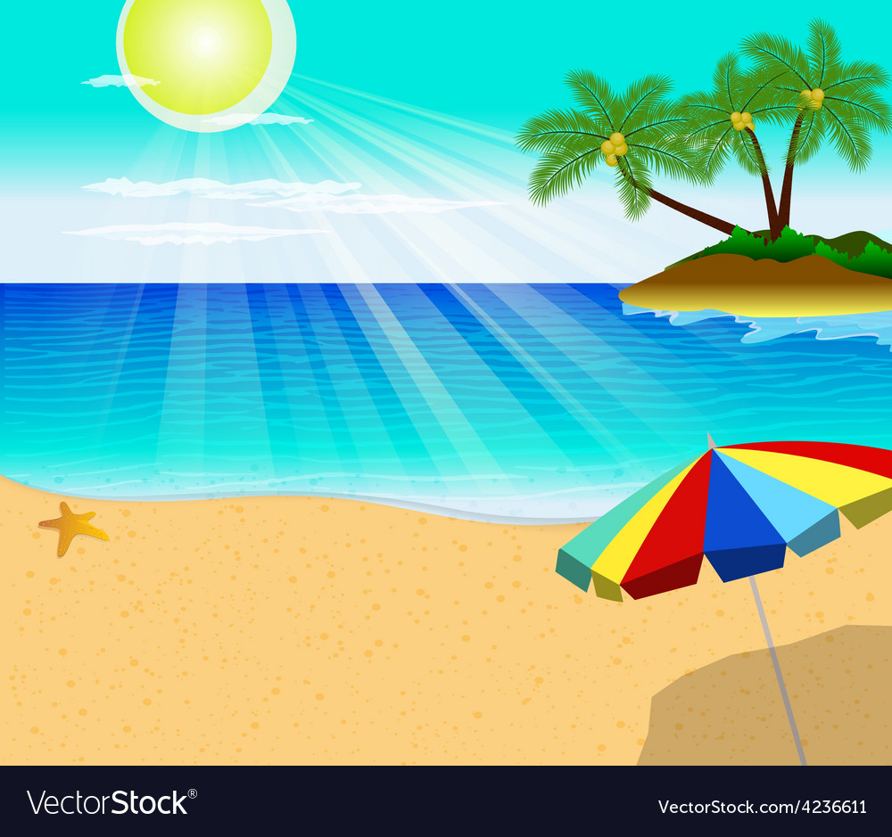 Tropical beach with palm trees and umbrella Vector Image