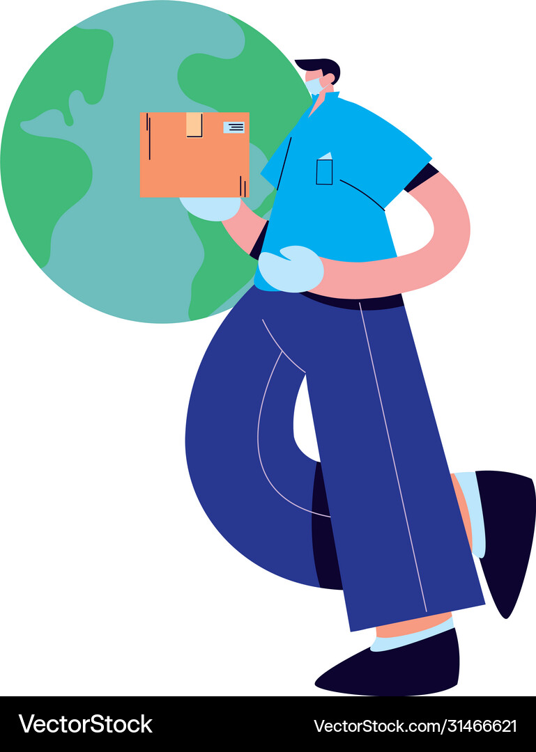 Man shipping international orders with mask and Vector Image