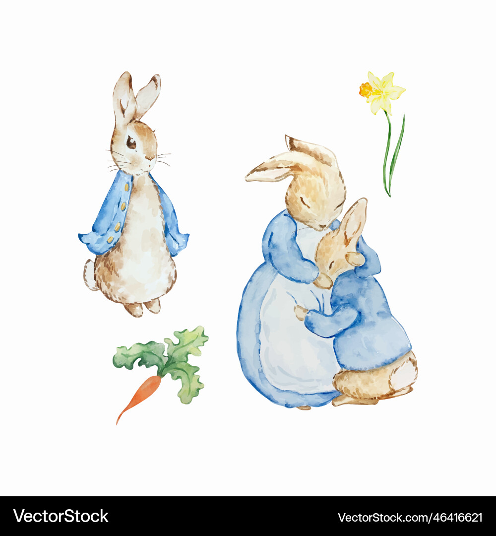 Watercolor cute rabbits in a blue jacket Vector Image