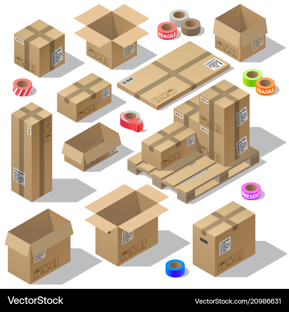 3d isometric set of cardboard packaging Royalty Free Vector