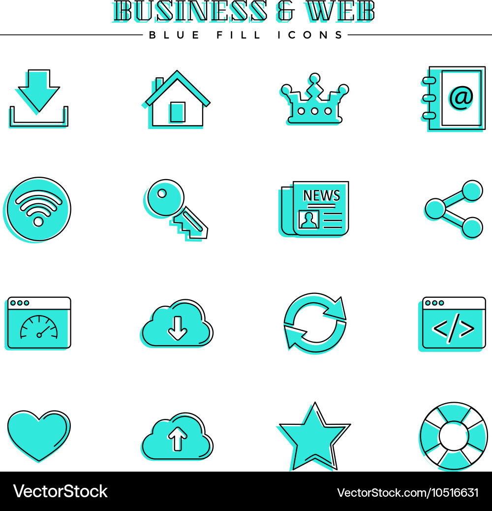 Business and web blue fill icons set Royalty Free Vector