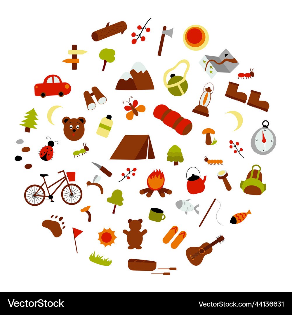 Flat set of hiking and camping elements Royalty Free Vector