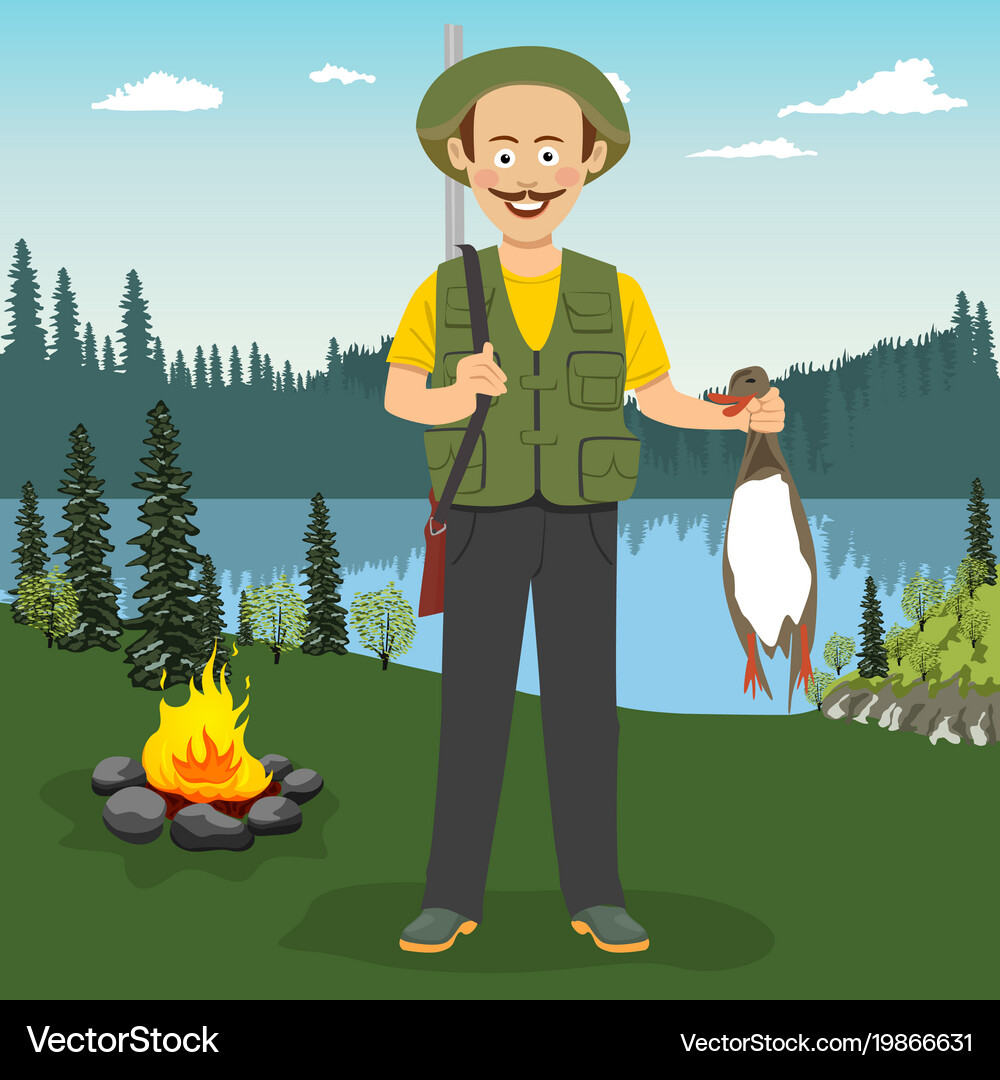 Happy hunter holding duck outdoor Royalty Free Vector Image