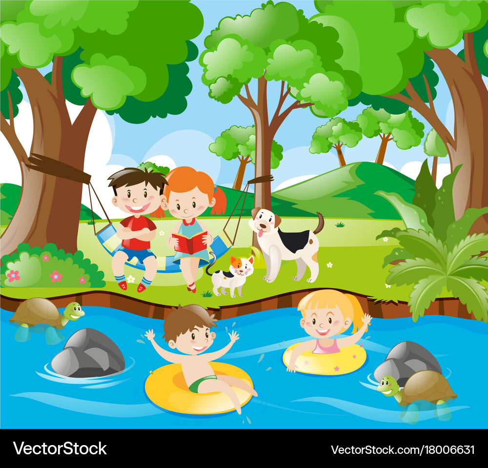 Kids having fun in the river Royalty Free Vector Image