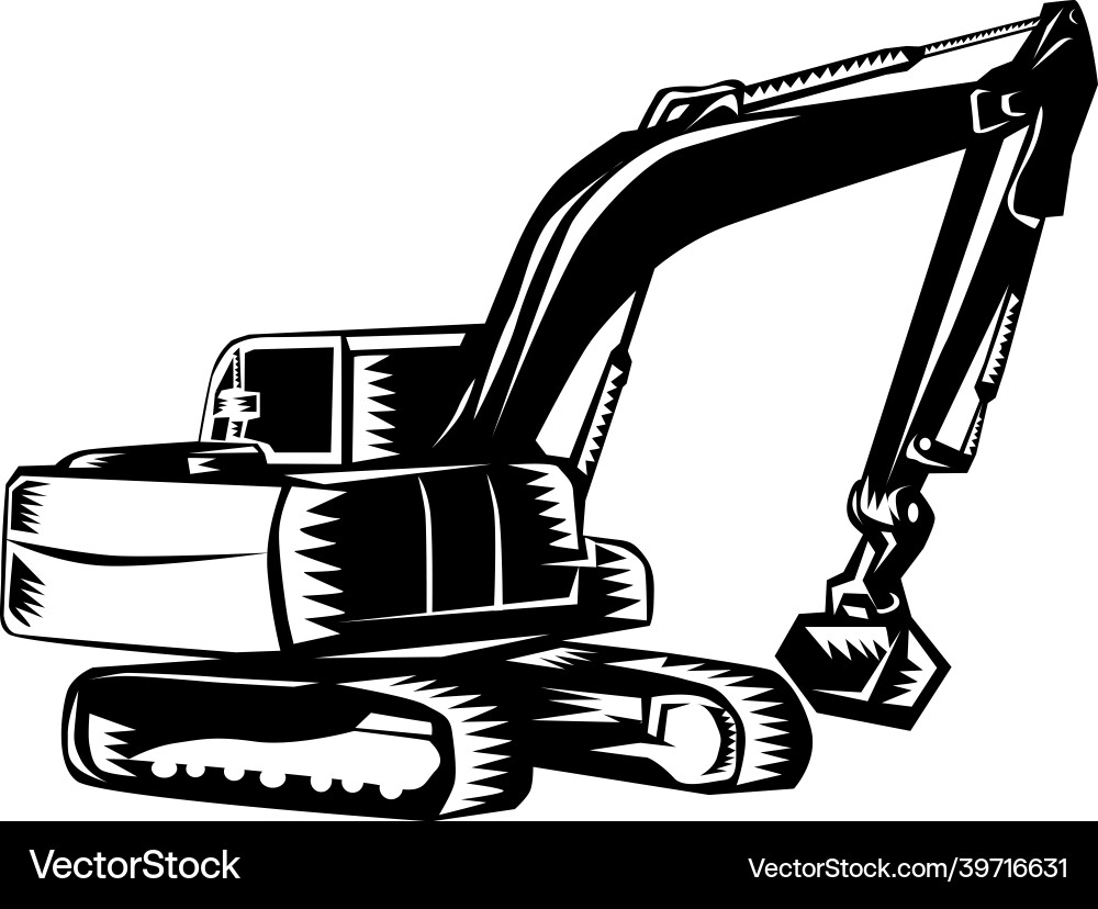 Mechanical digger excavator woodcut black Vector Image