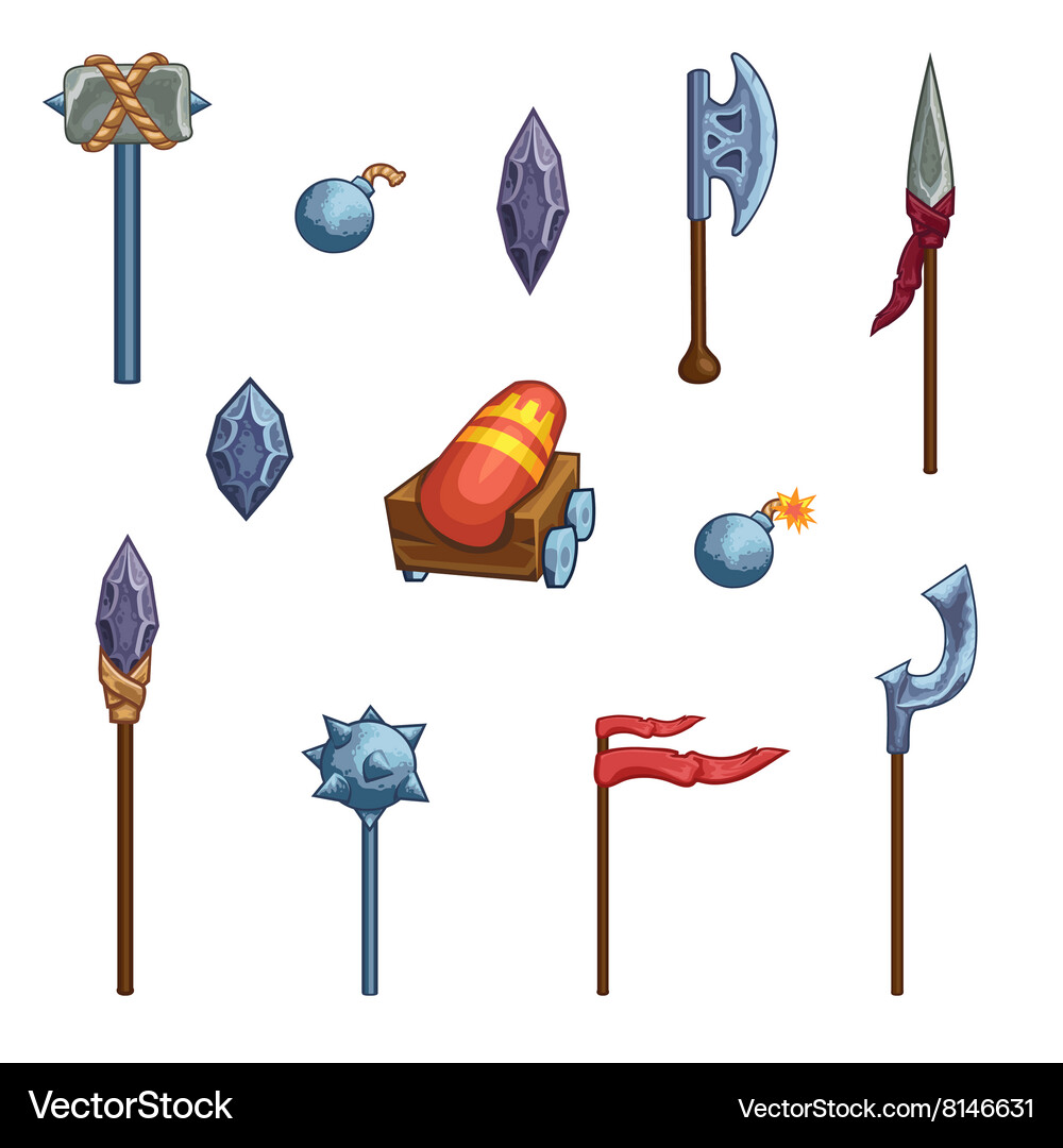 Medieval cartoon weapons game icons Royalty Free Vector