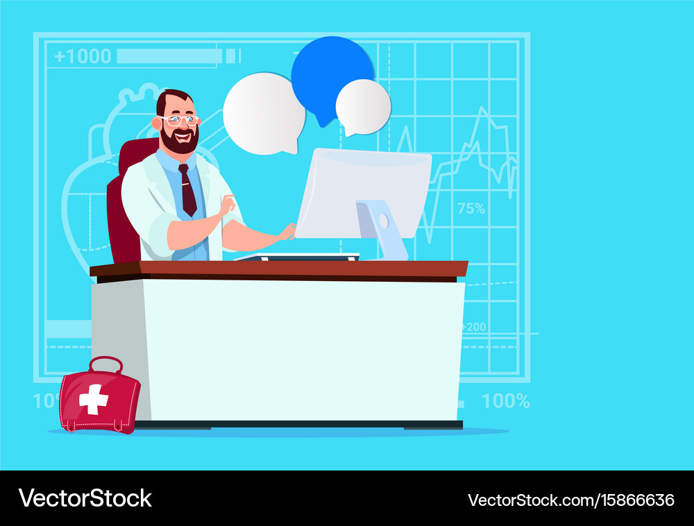 Doctor sitting at computer online consultation Vector Image