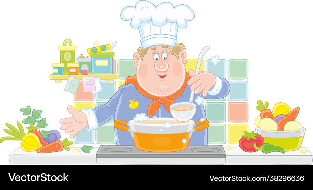 Funny chef cooking a soup with vegetables Vector Image