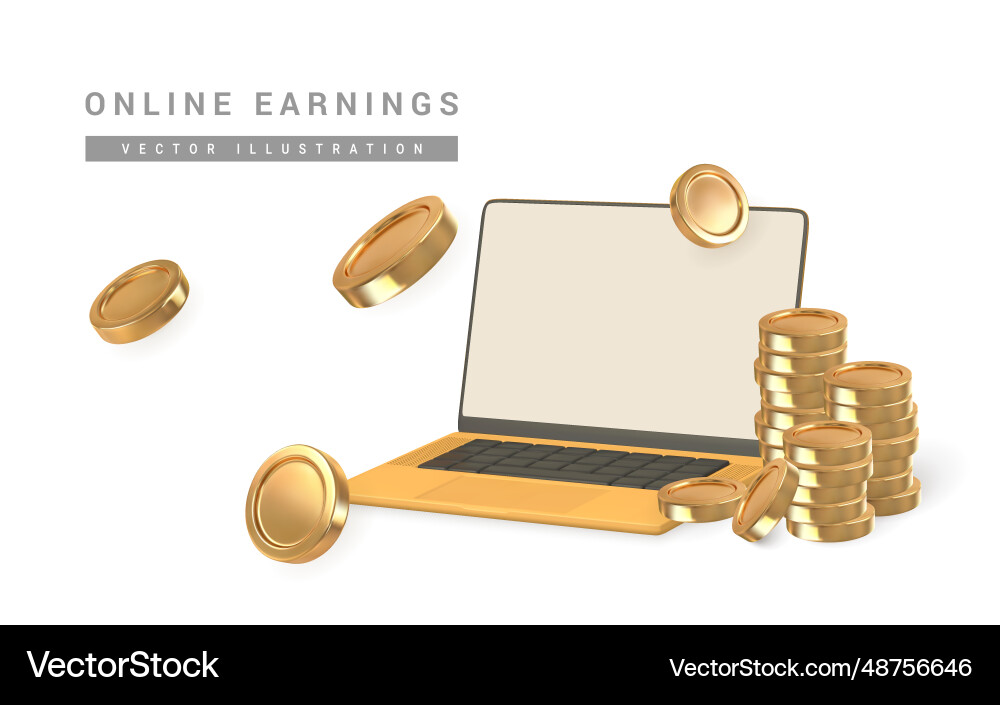 3d laptop with gold coins stack in cartoon style Vector Image