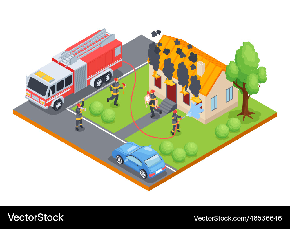 Isometric fire crew composition Royalty Free Vector Image