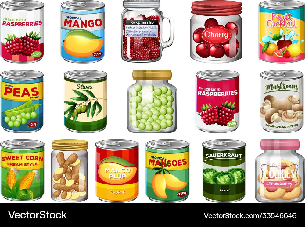 Set different canned food and in jars Royalty Free Vector