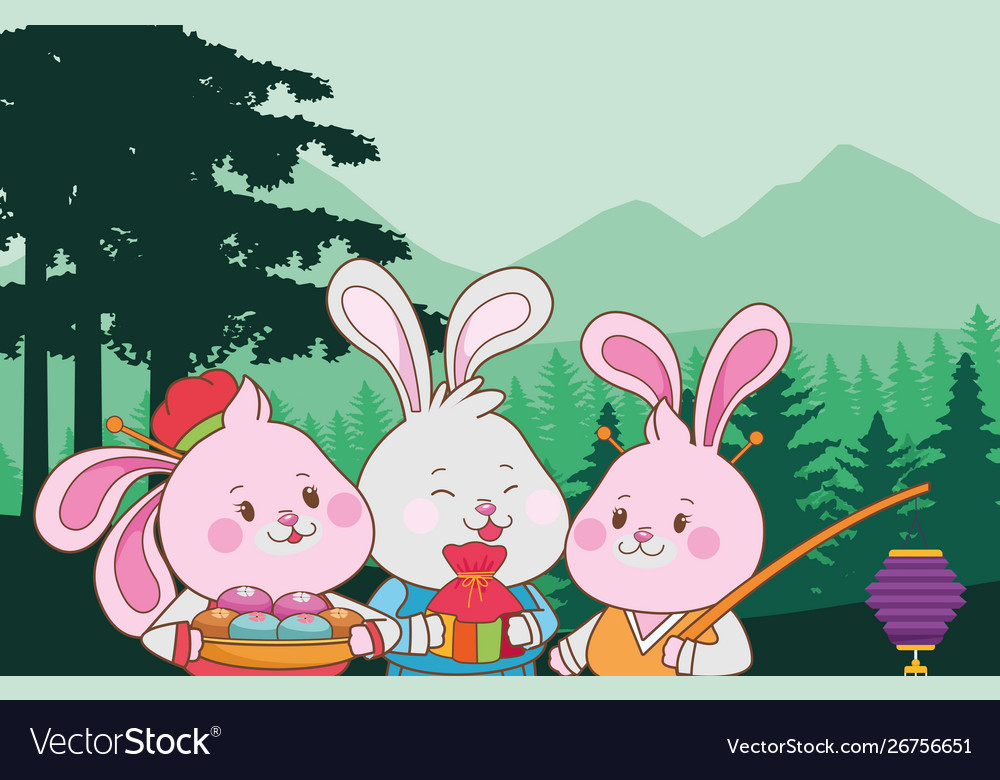 Rabbits celebrating mid autumn festival cartoons Vector Image