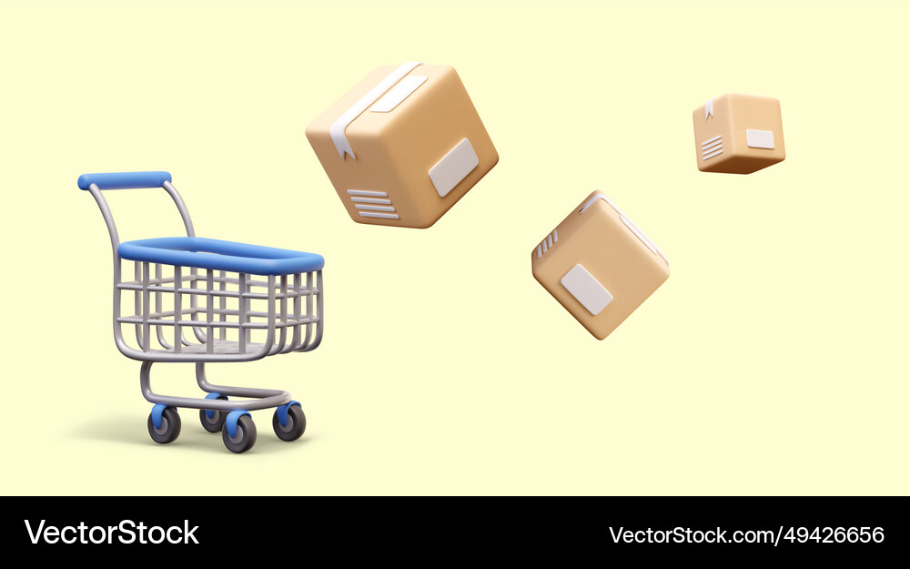 Realistic trolley and flying cartoon boxes Vector Image