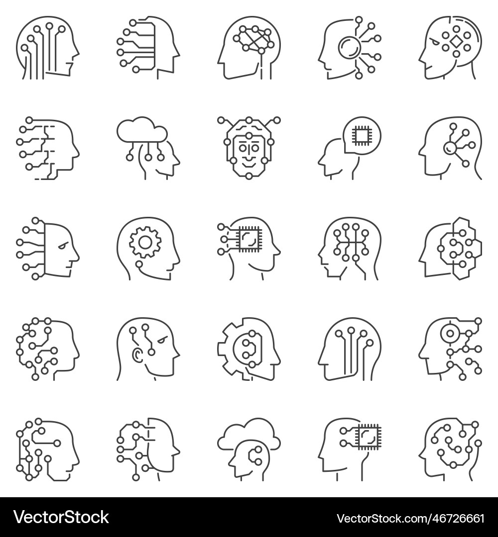 Ai head outline icons set - concept Royalty Free Vector