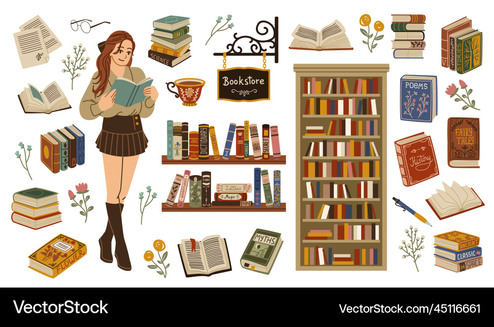 Book store elements cute bibliophile girl Vector Image