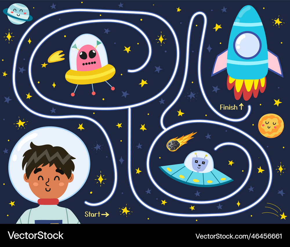 Help cute boy astronaut find a way to the rocket Vector Image