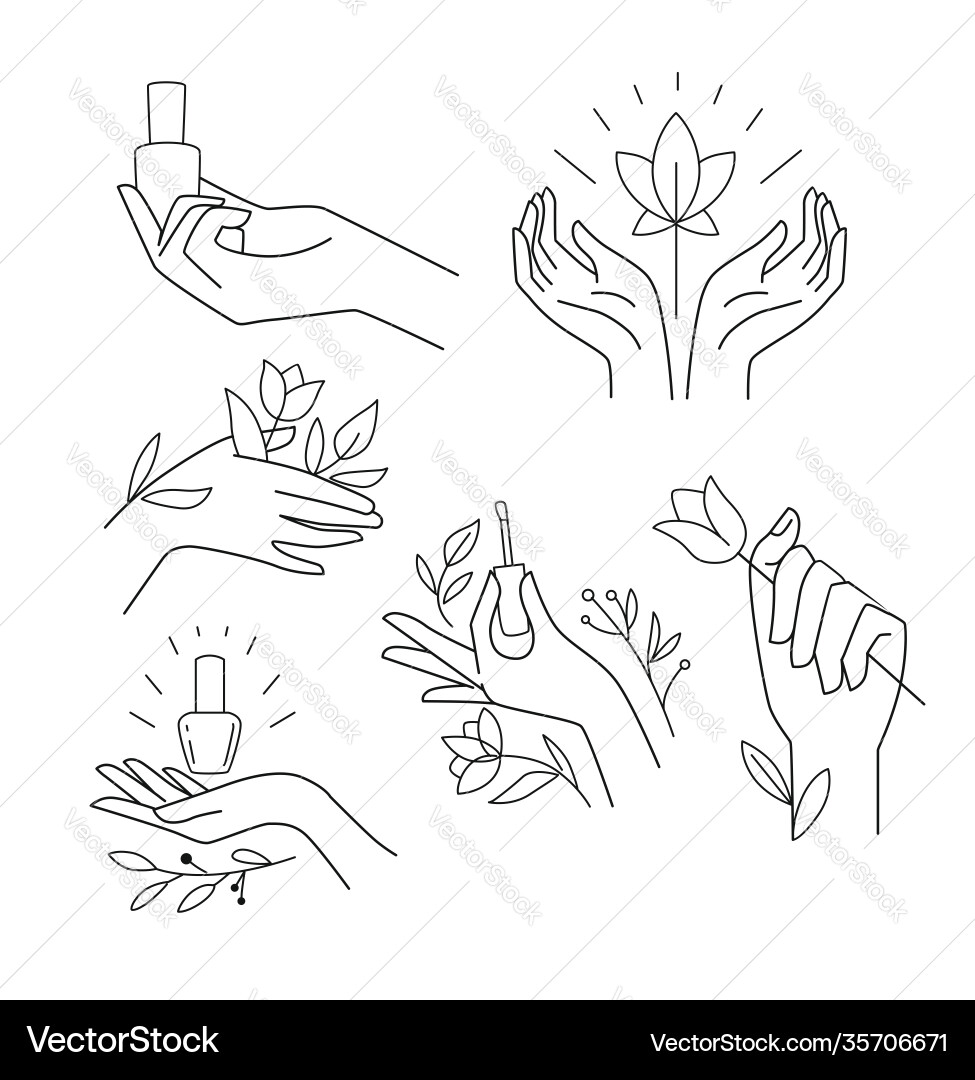 Female hands emblems with nail polish and leaves Vector Image
