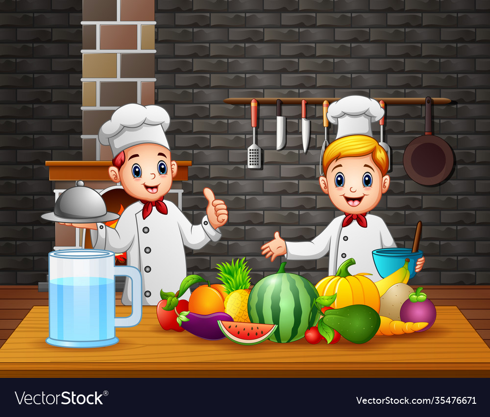 Happy two chefs cooking in kitchen Royalty Free Vector Image